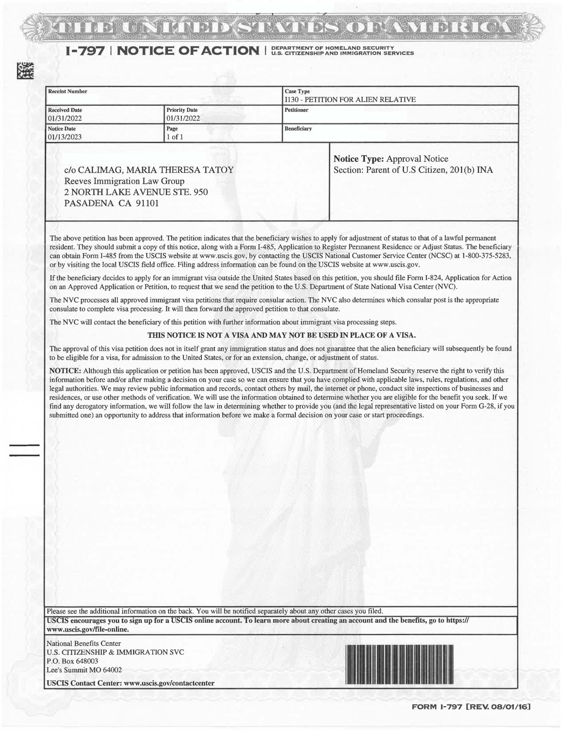 I-130 for Parent of U.S. Citizen – January 13, 2023 | Reeves