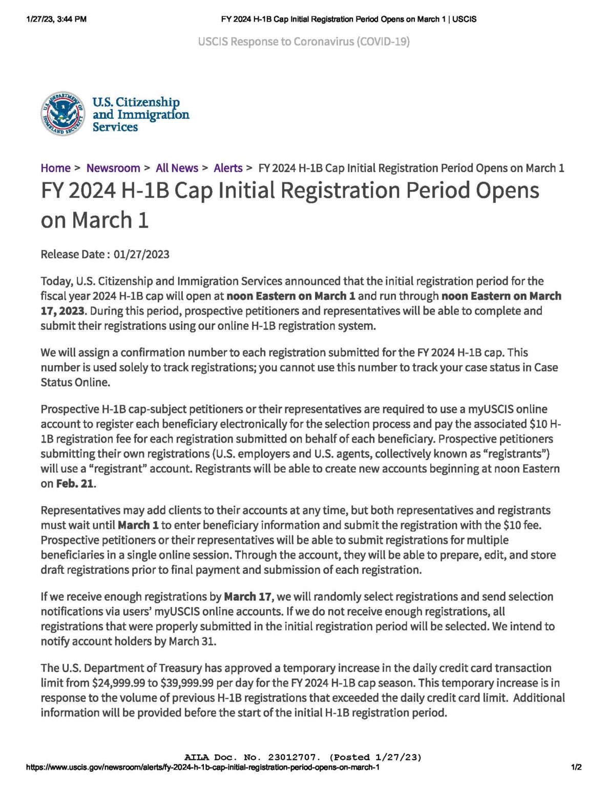 H-1B Registration Period Opens on March 1 | Reeves