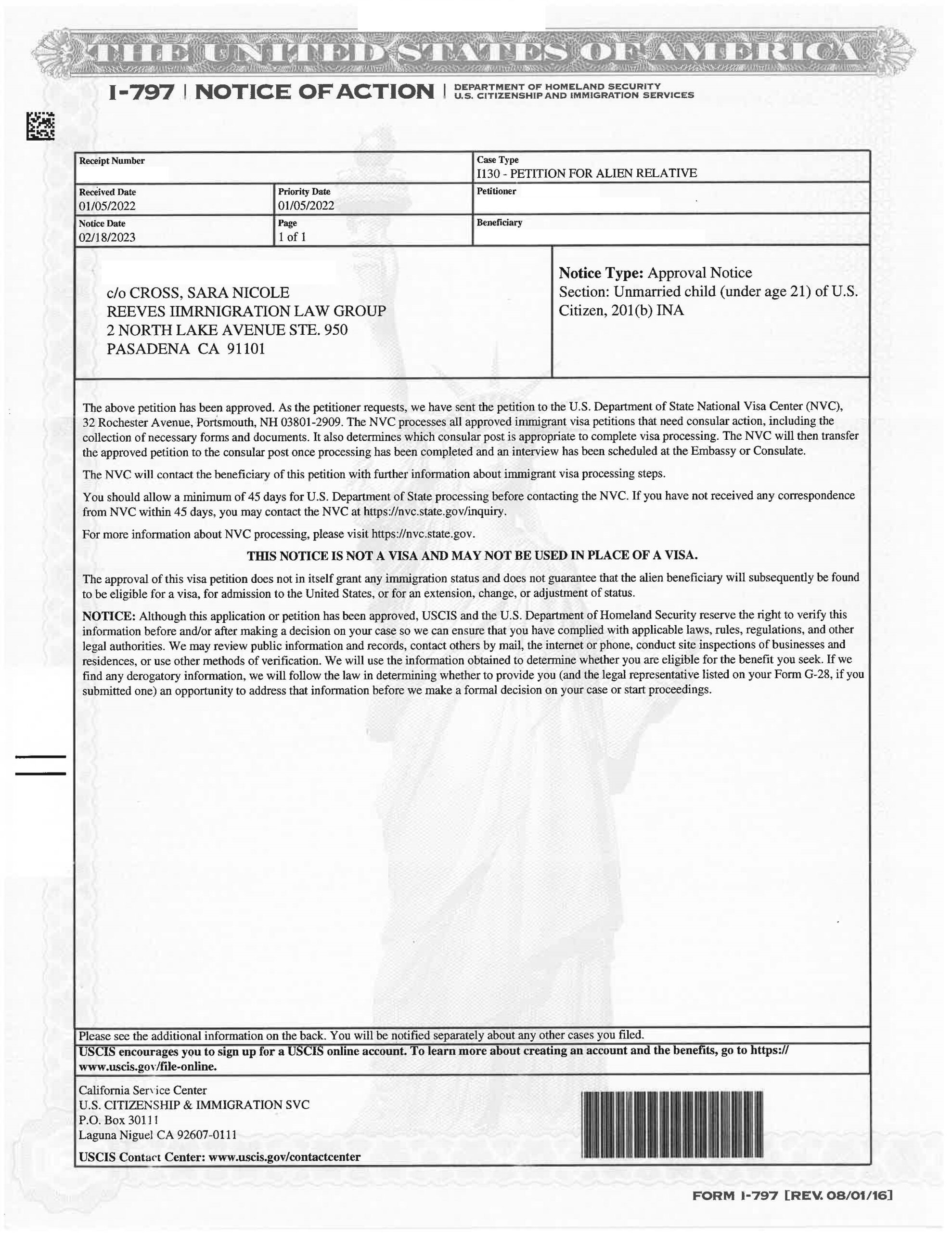 I-130 for Child of U.S. Citizen – February 18, 2023 | Reeves