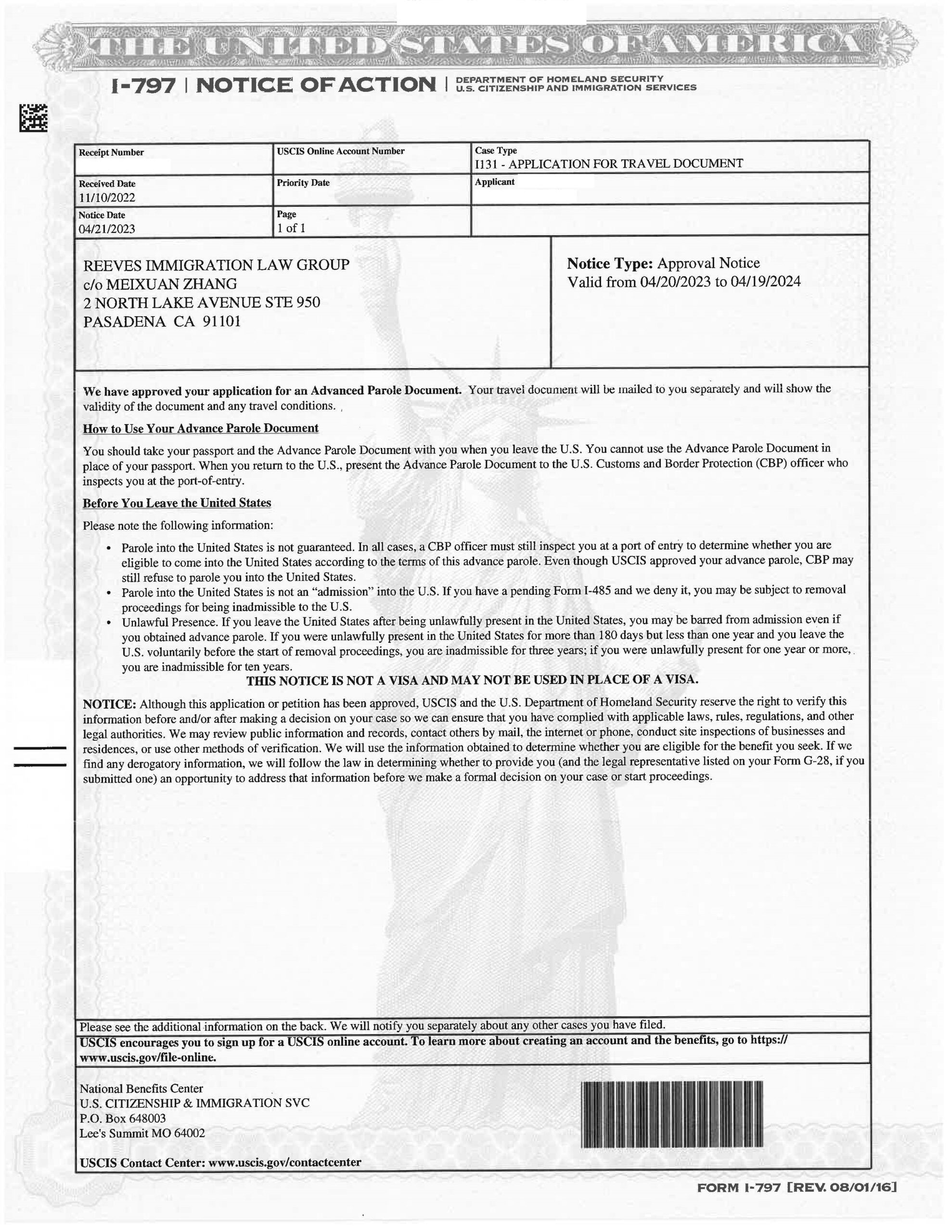 Advanced Parole – April 21, 2023 | Reeves