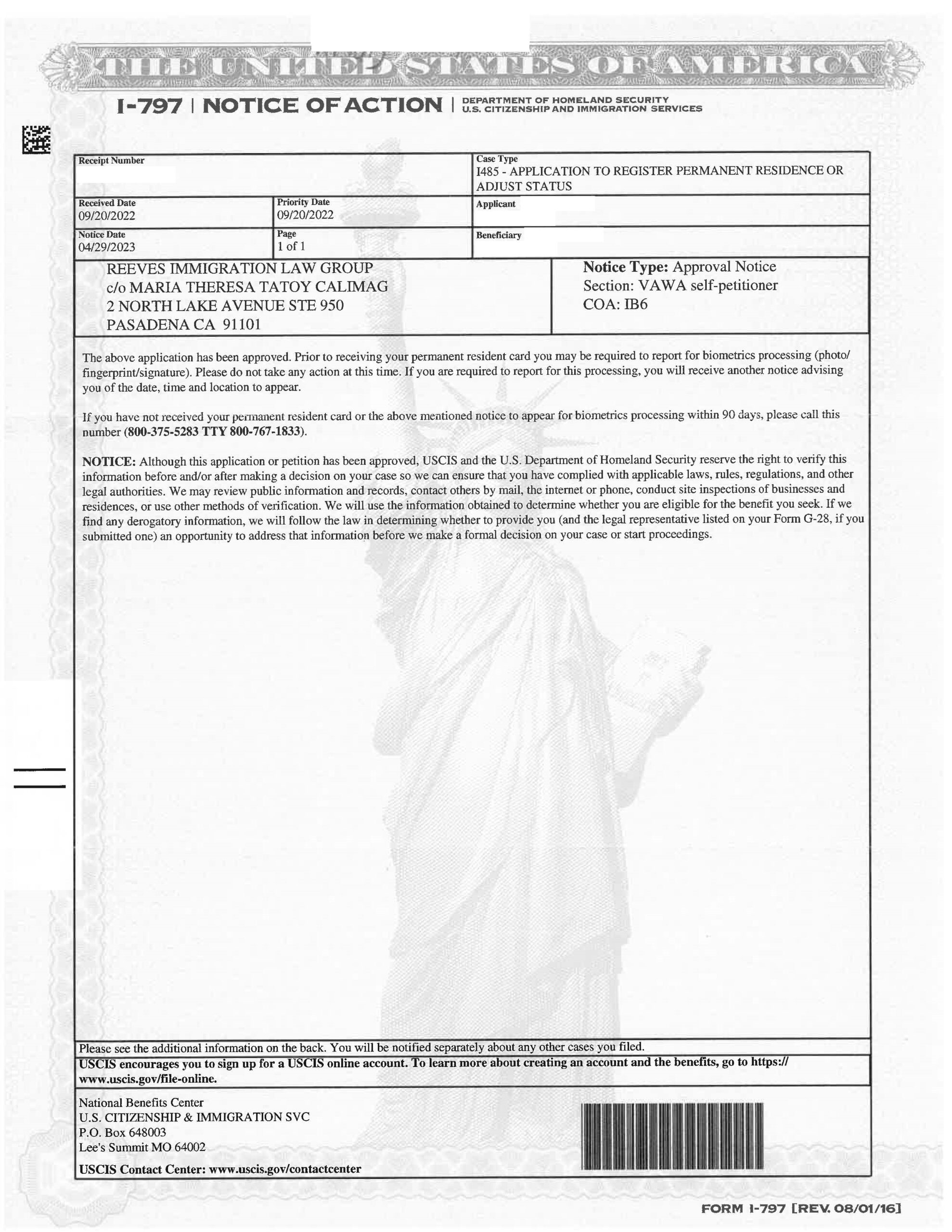 I-485-VAWA (Abused Spouse) – April 29, 2023 | Reeves